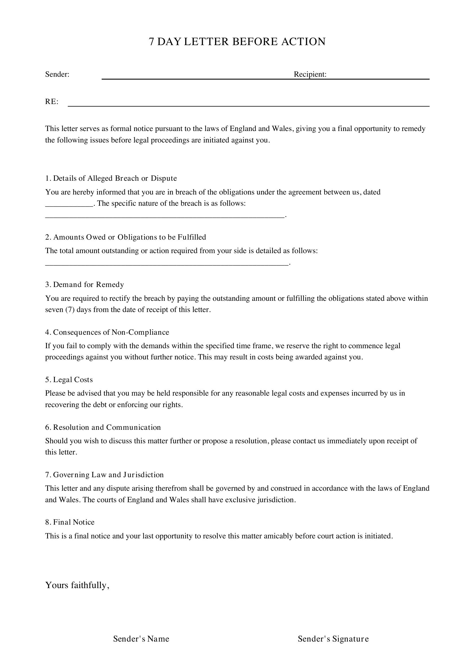 7 Day Letter Before Action Template - UK