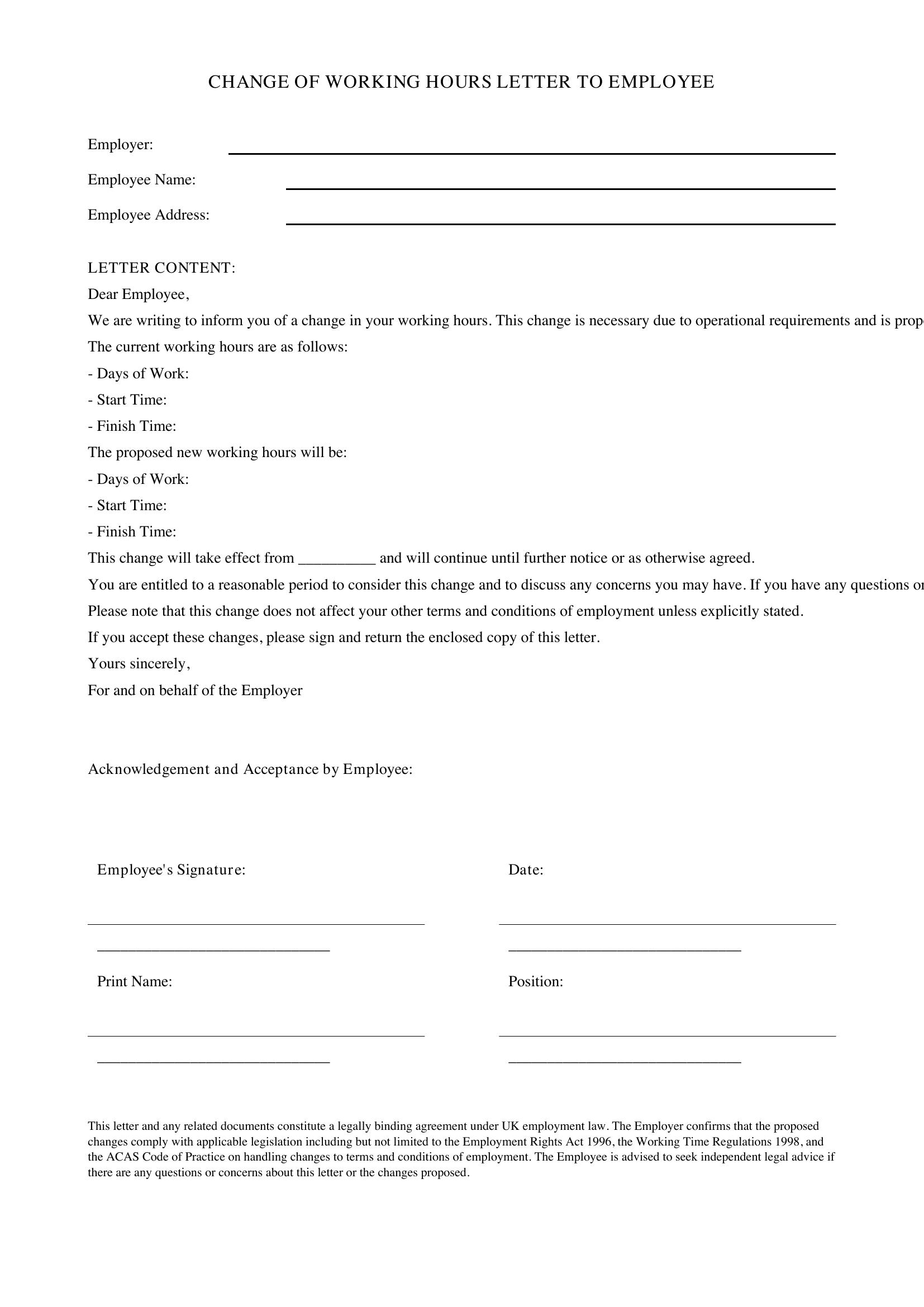 Change Of Working Hours Letter To Employee Template - UK