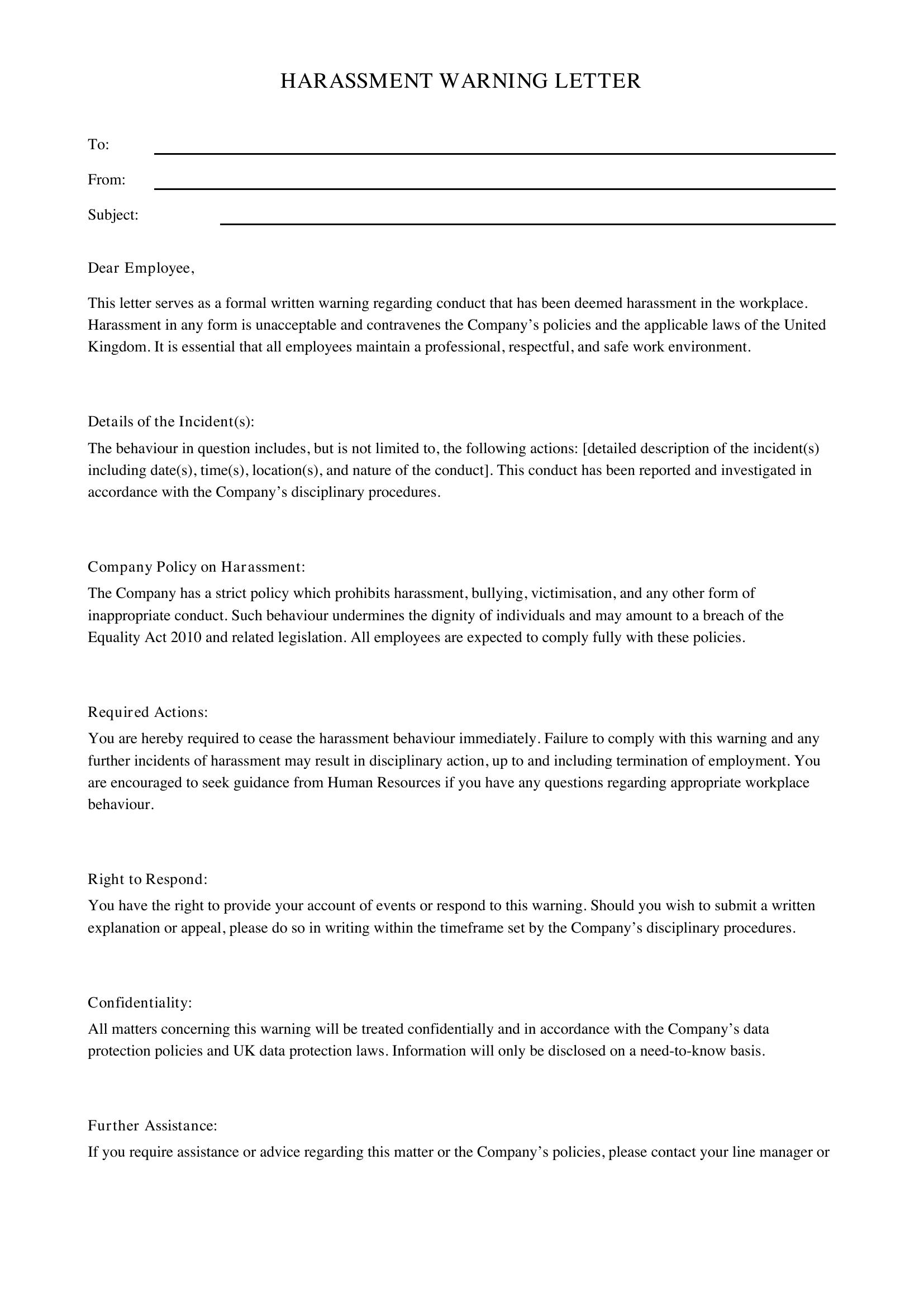 Harassment Warning Letter Template - UK