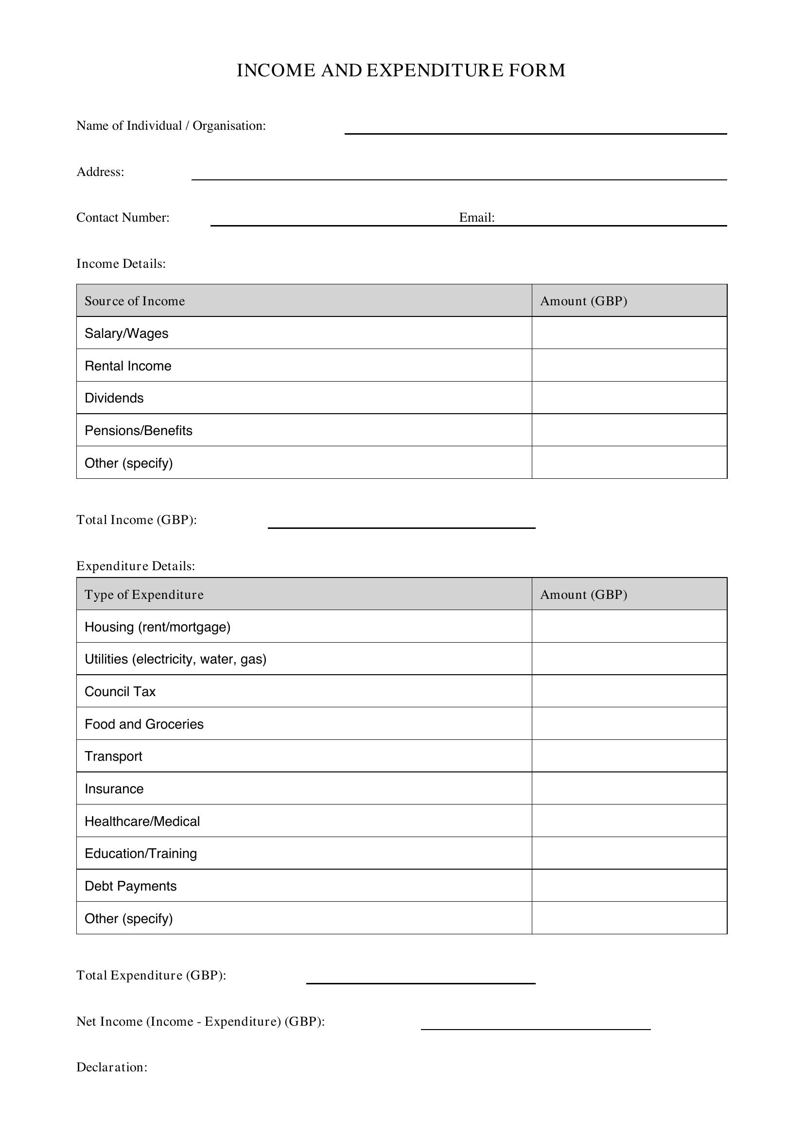 Income And Expenditure Form Template - UK