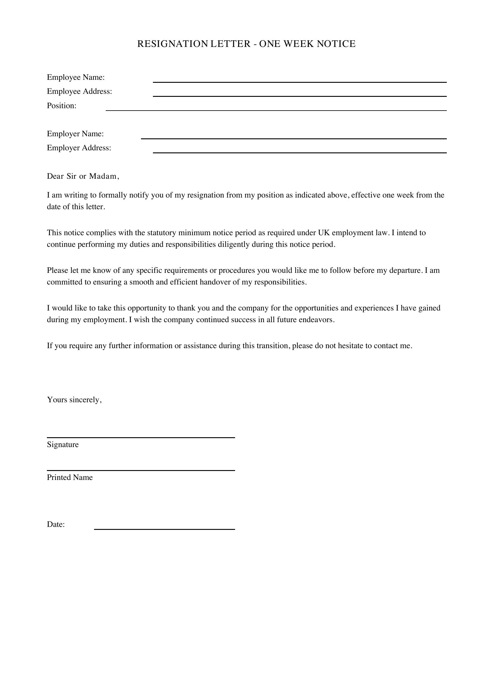 Resignation Letter 1 Week Notice Template - UK
