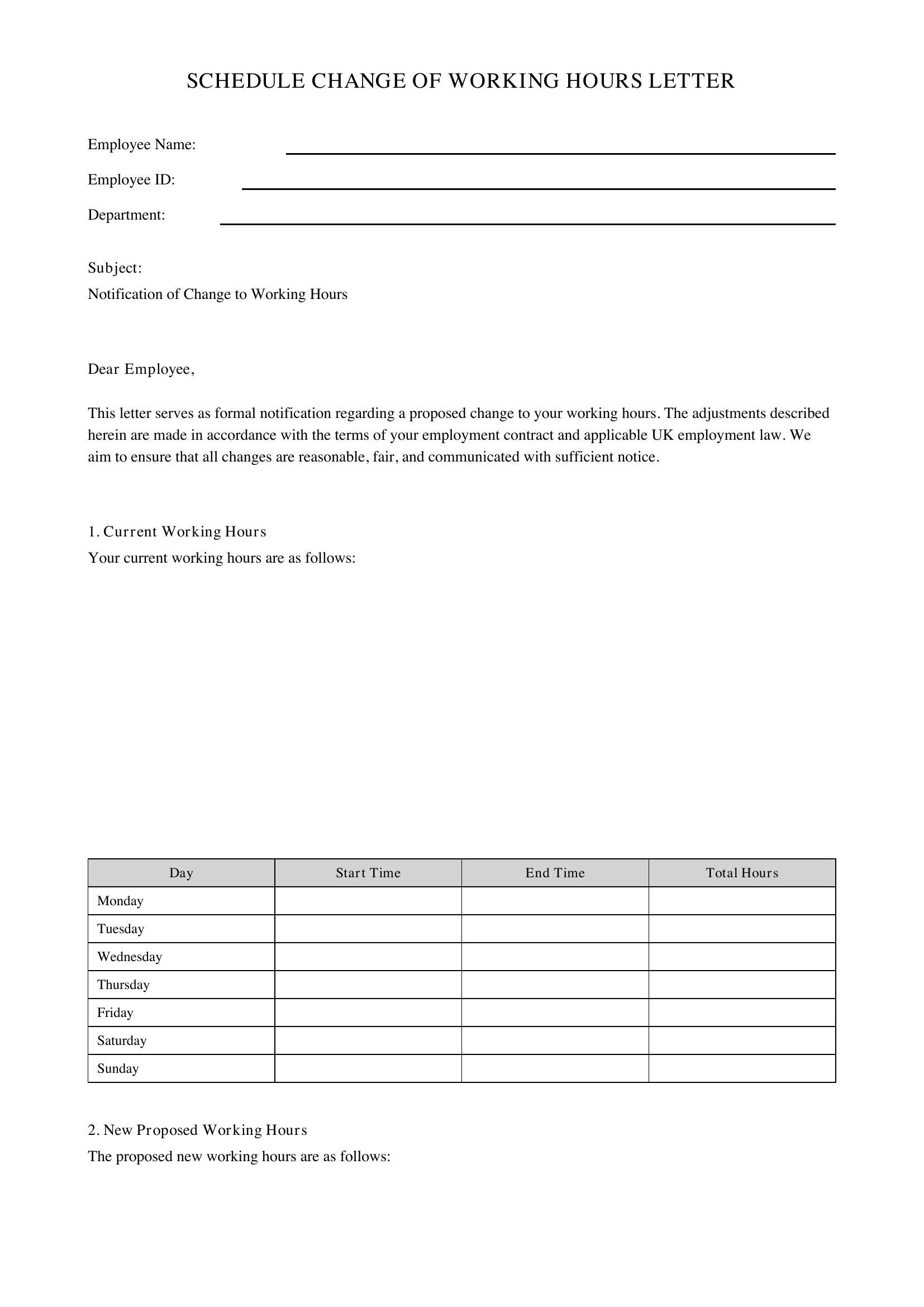 Schedule Change Of Working Hours Letter Template - UK