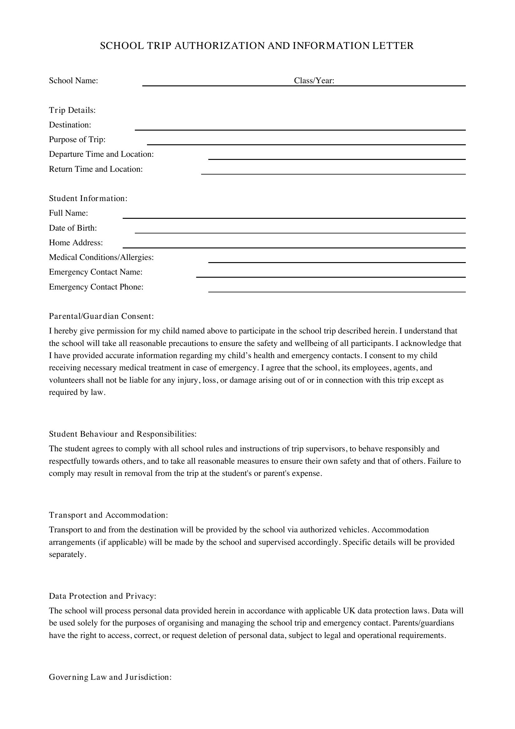 School Trip Letter Template - UK