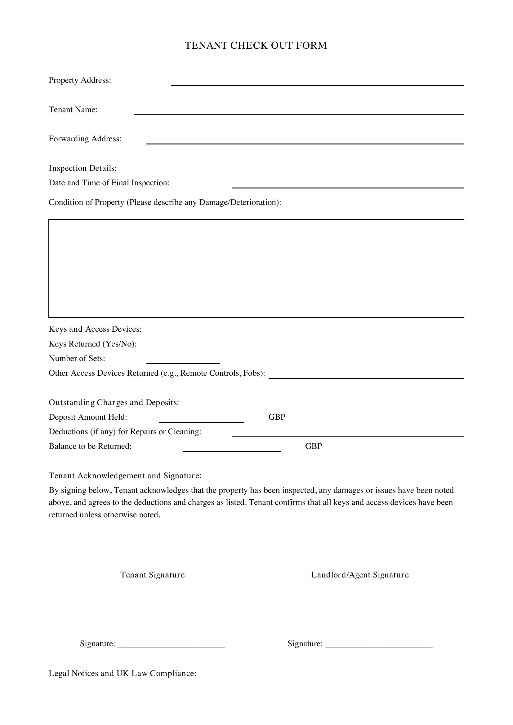 Tenant Check Out Form Template - UK